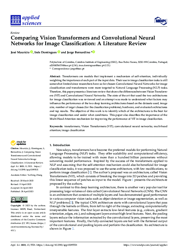 Pdf Comparing Vision Transformers And Convolutional Neural Networks For Image Classification