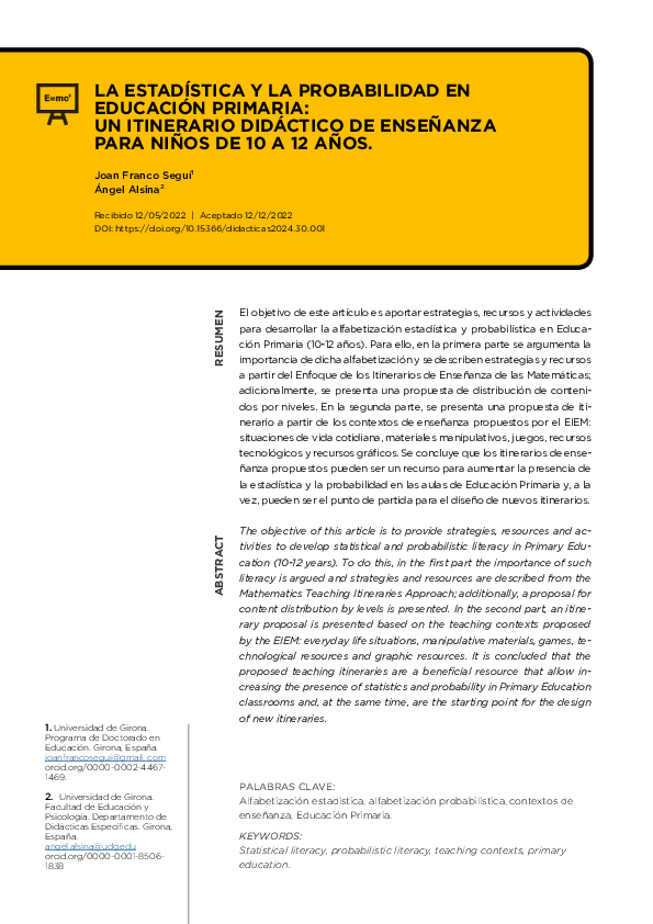 (PDF) La estadística y la probabilidad en Educación Primaria: un itinerario didáctico de ...
