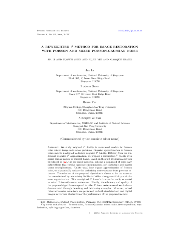 (PDF) A reweighted $l^2$ method for image restoration with Poisson and mixed Poisson-Gaussian noise