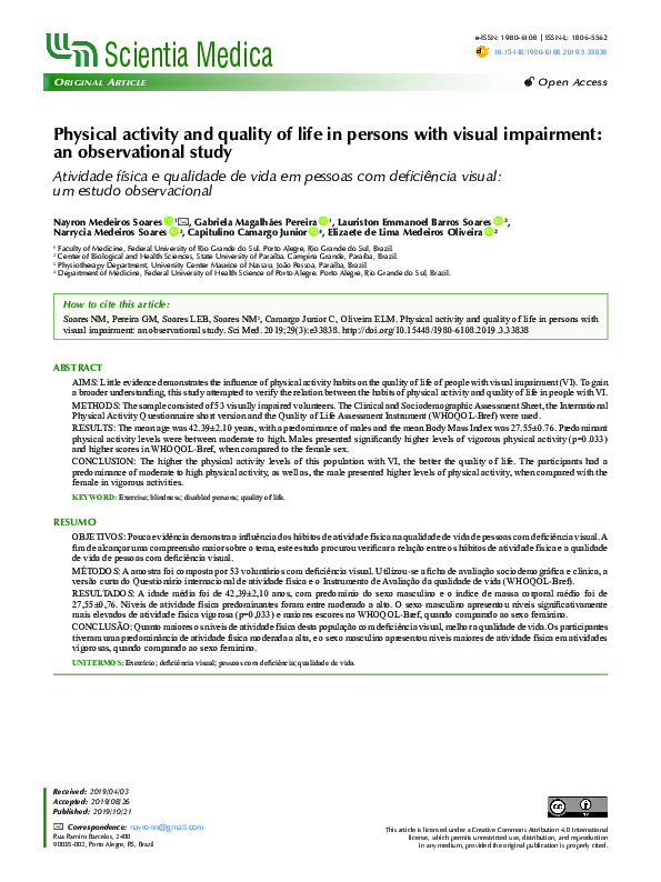 (PDF) Physical activity and quality of life in persons with visual ...