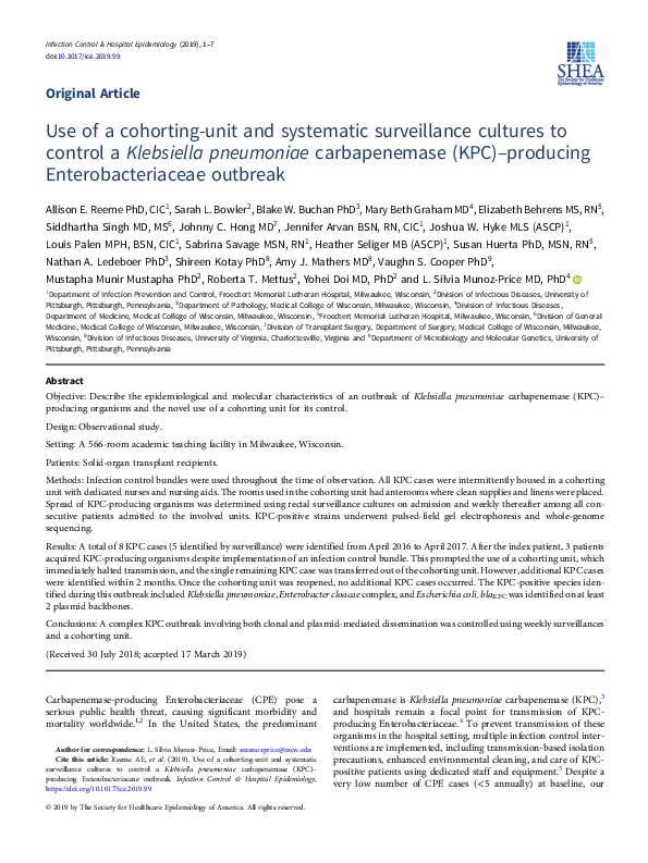 (PDF) Use of a cohorting-unit and systematic surveillance cultures to ...