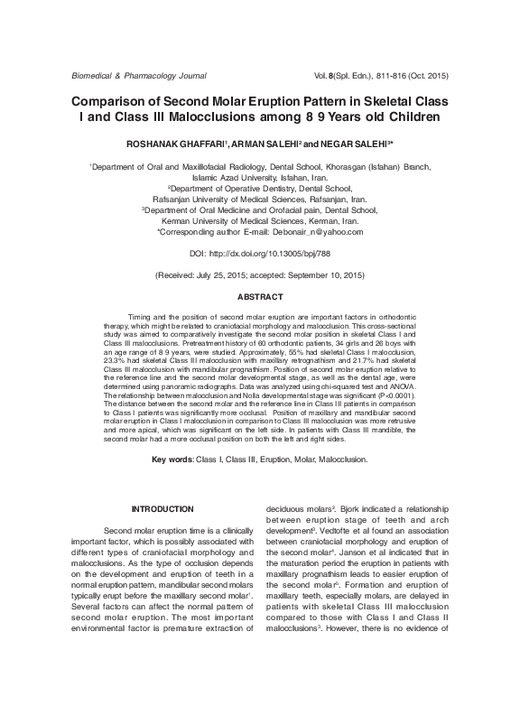 (PDF) Comparison of Second Molar Eruption Pattern in Skeletal Class I ...