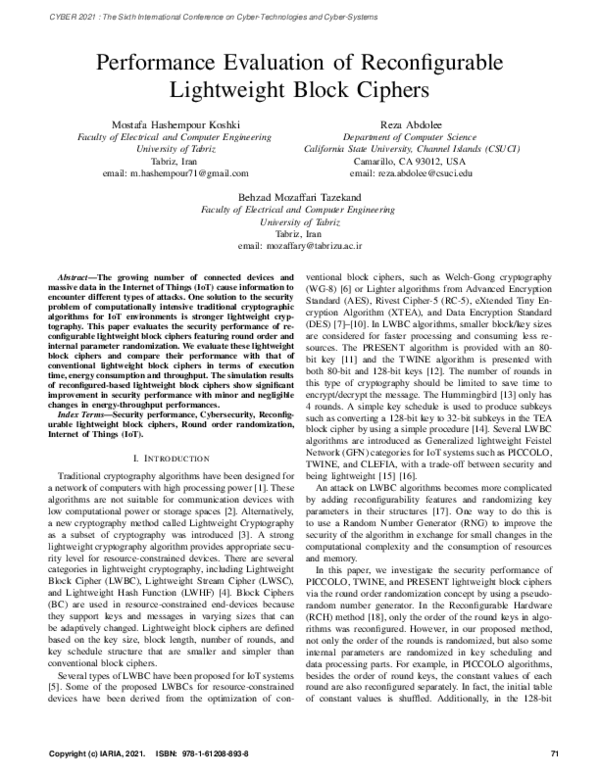 (PDF) Performance Evaluation of Reconfigurable Lightweight Block Ciphers