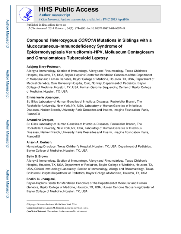 (PDF) Compound Heterozygous CORO1A Mutations in Siblings with a ...