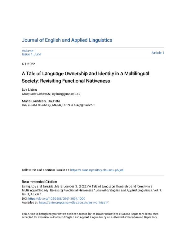 (PDF) A Tale of Language Ownership and Identity in a Multilingual Society: Revisiting Functional ...