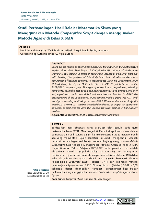 (PDF) Studi Perbandingan Hasil Belajar Matematika Siswa yang Menggunakan Metode Cooperative ...