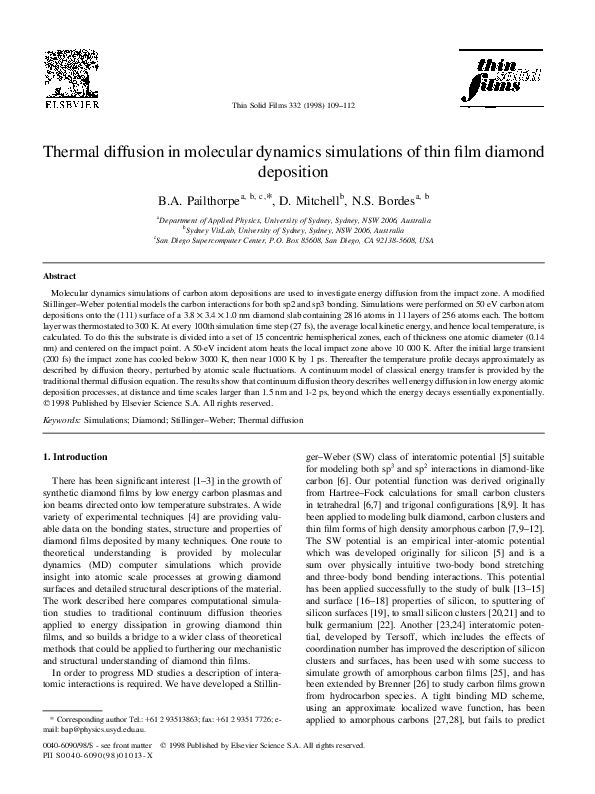 (PDF) Thermal diffusion in molecular dynamics simulations of thin film ...