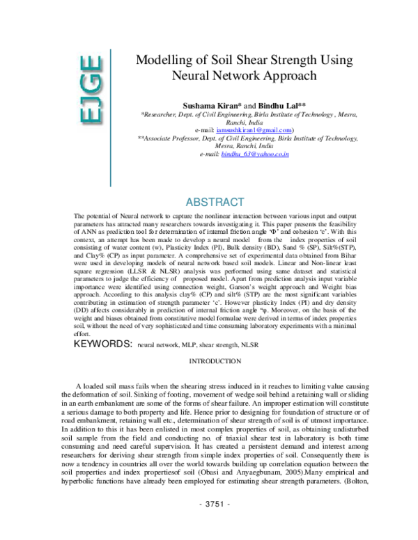 (PDF) Modelling of Soil Shear Strength Using Neural Network Approach