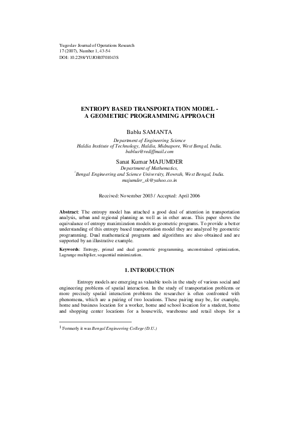 (PDF) Entropy based transportation model: A geometric programming approach