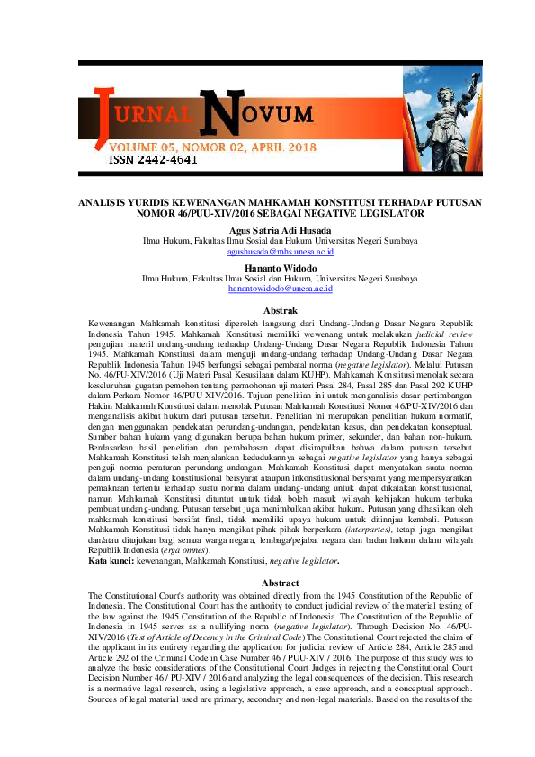 (PDF) Analisis Yuridis Kewenangan Mahkamah Konstitusi Terhadap Putusan Nomor 46/PUU-XIV/2016 ...