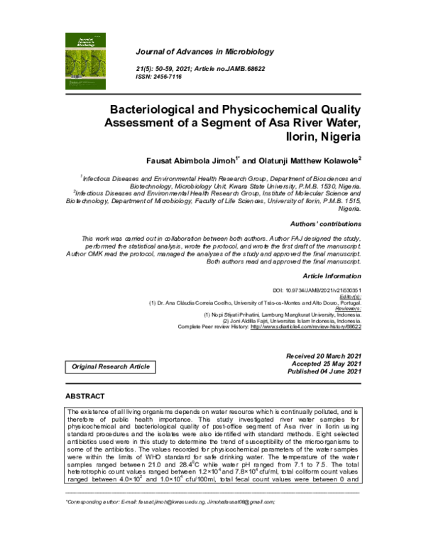 (PDF) Bacteriological and Physicochemical Quality Assessment of a ...