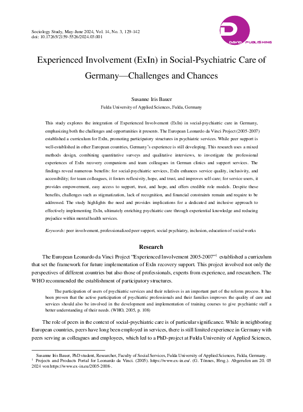(PDF) Experienced Involvement (ExIn) in Social-Psychiatric Care of ...