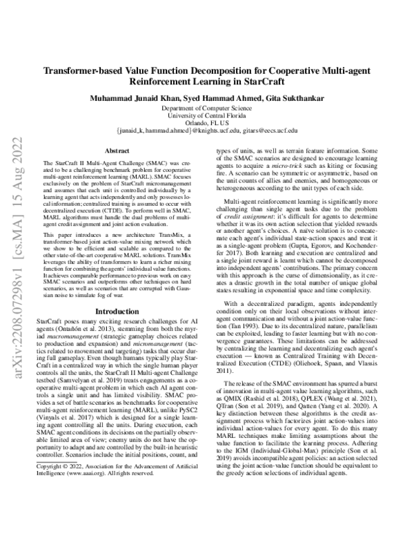 (PDF) Transformer-based Value Function Decomposition for Cooperative Multi-agent Reinforcement ...