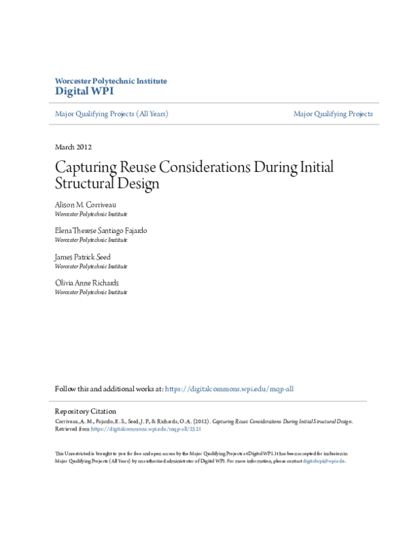 (PDF) Capturing Reuse Considerations During Initial Structural Design | Alison Corriveau ...