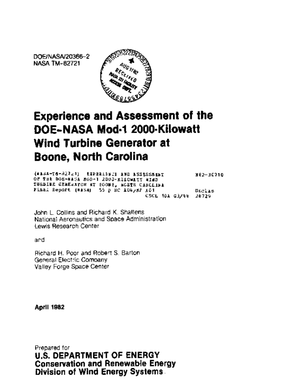 (PDF) Experience and assessment of the DOE-NASA Mod-1 2000-kilowatt ...