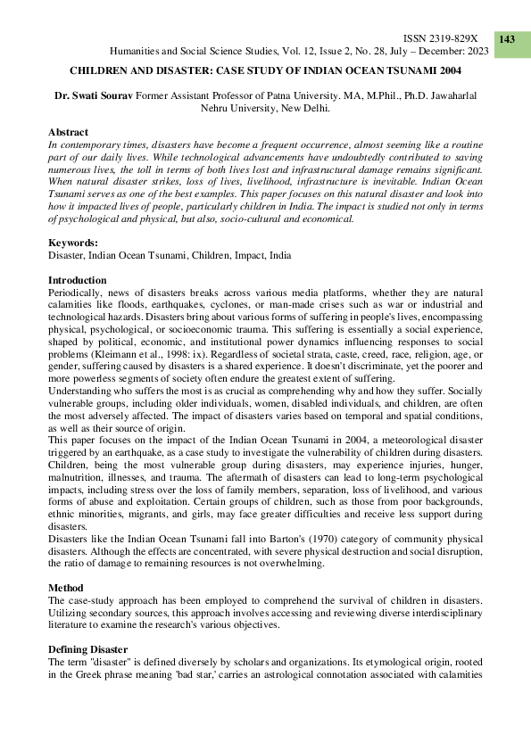 (PDF) CHILDREN AND DISASTER: CASE STUDY OF INDIAN OCEAN TSUNAMI 2004