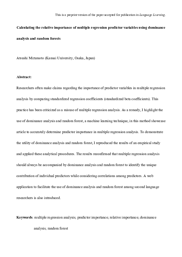 (PDF) Calculating the relative importance of multiple regression predictor variables using ...