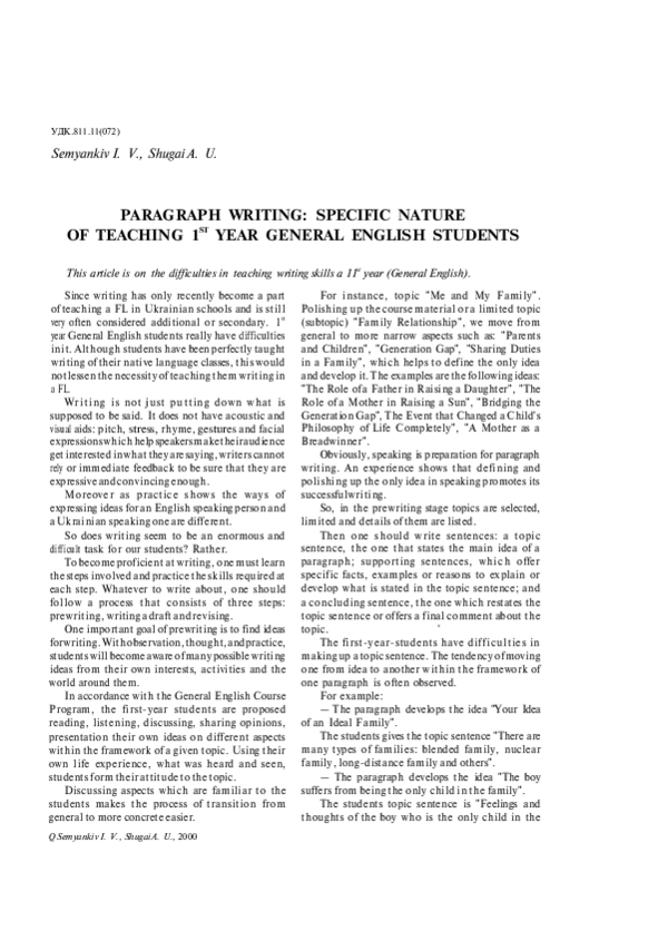 (PDF) Paragraph Writing: Specific Nature of Teaching 1 ST Year General ...