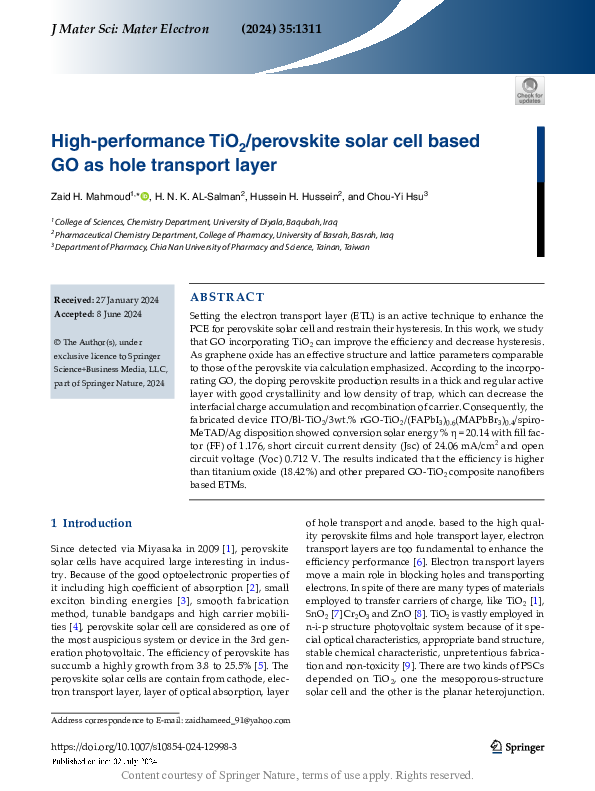 (PDF) High-performance TiO 2 /perovskite solar cell based GO as hole transport layer