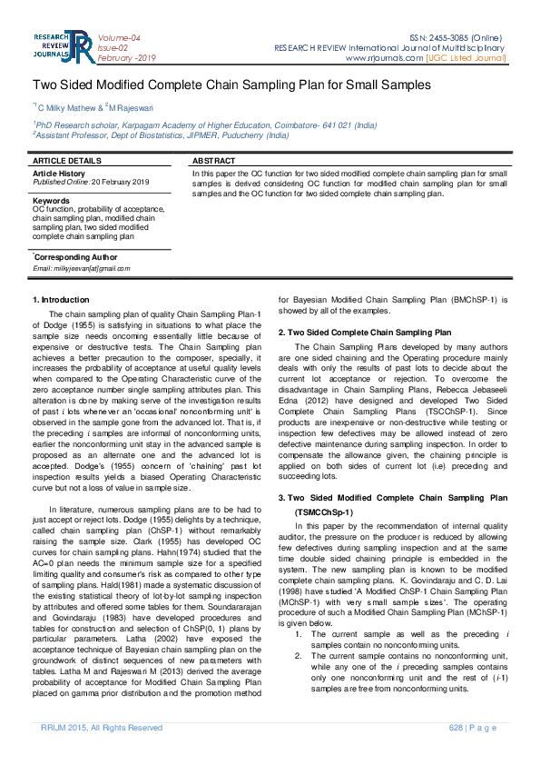 (PDF) Two Sided Modified Complete Chain Sampling Plan for Small Samples