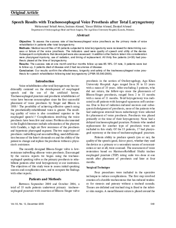 (PDF) Speech results with tracheoesophageal voice prosthesis after ...