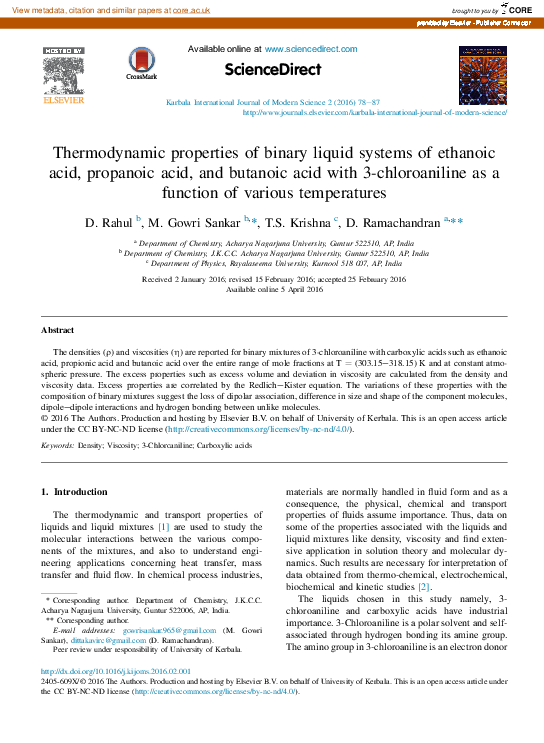 (PDF) Thermodynamic properties of binary liquid systems of ethanoic acid, propanoic acid, and ...