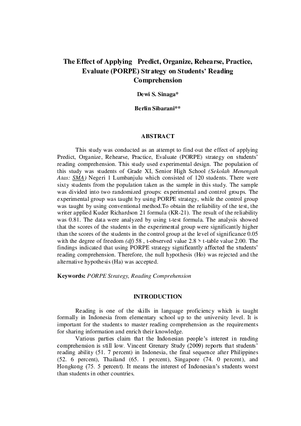 (PDF) The Effect of Applying Predict, Organize, Rehearse, Practice, Evaluate (PORPE) Strategy on ...