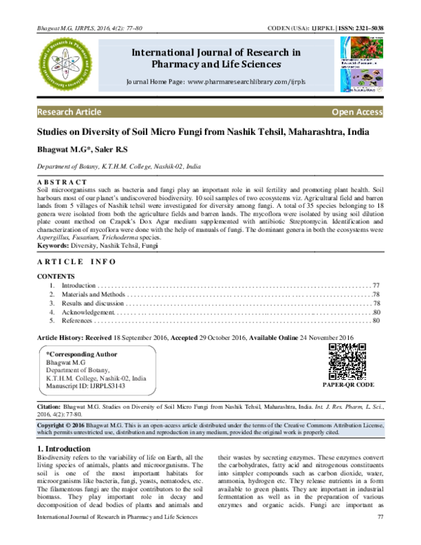 (PDF) Studies on Diversity of Soil Micro Fungi from Nashik Tehsil ...