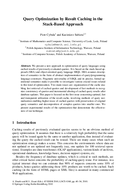 (PDF) Query Optimization by Result Caching in the Stack-Based Approach