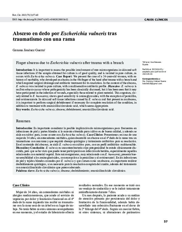(PDF) Absceso en dedo por Escherichia vulneris tras traumatismo con una ...