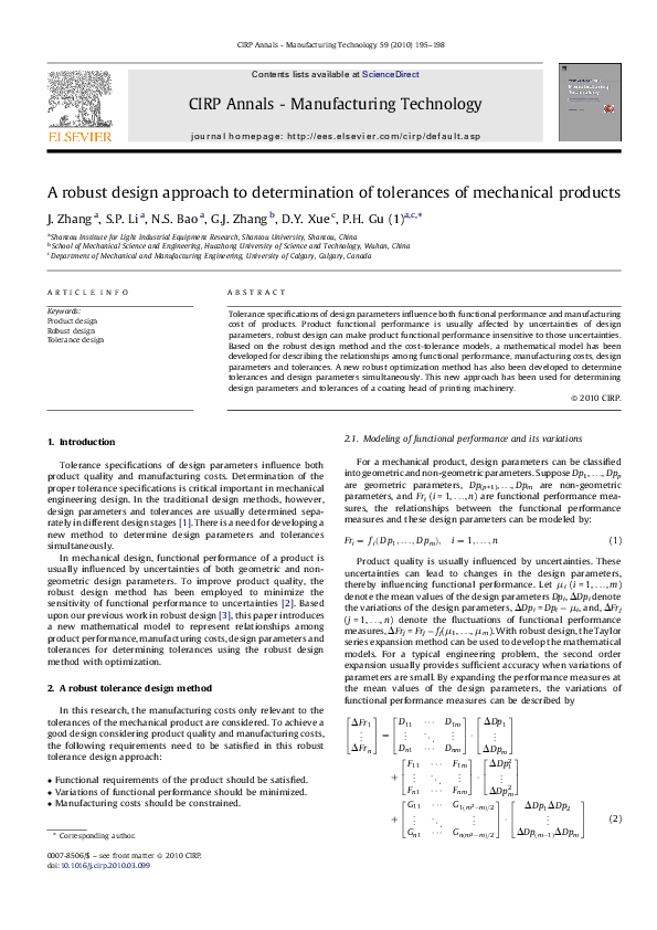 (PDF) A robust design approach to determination of tolerances of mechanical products