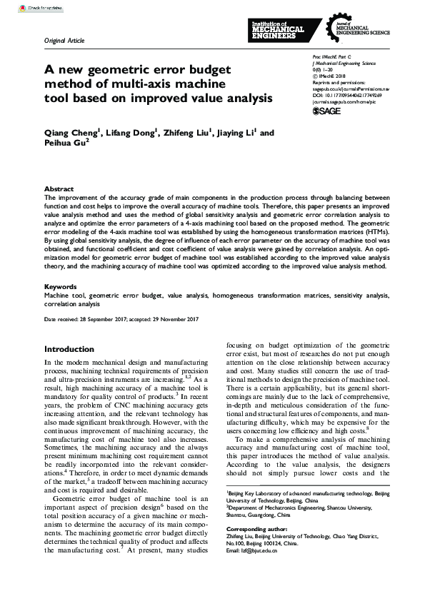 Pdf A New Geometric Error Budget Method Of Multi Axis Machine Tool Based On Improved Value