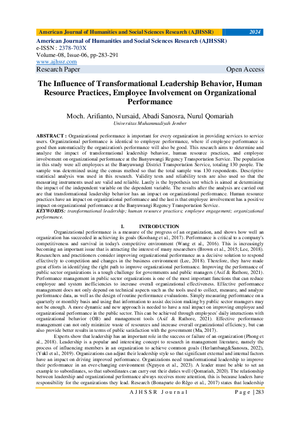 (PDF) The Influence of Transformational Leadership Behavior, Human Resource Practices, Employee ...