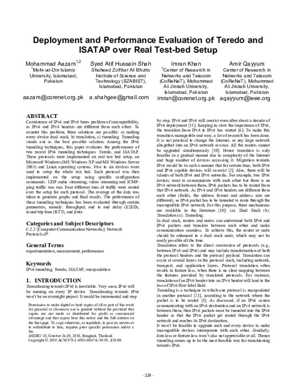 (PDF) Deployment and performance evaluation of Teredo and ISATAP over ...