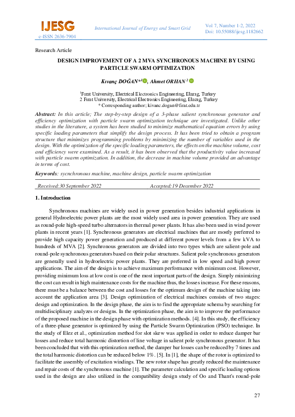 Pdf Design Improvement Of A 2 Mva Synchronous Machine By Using Particle Swarm Optimization