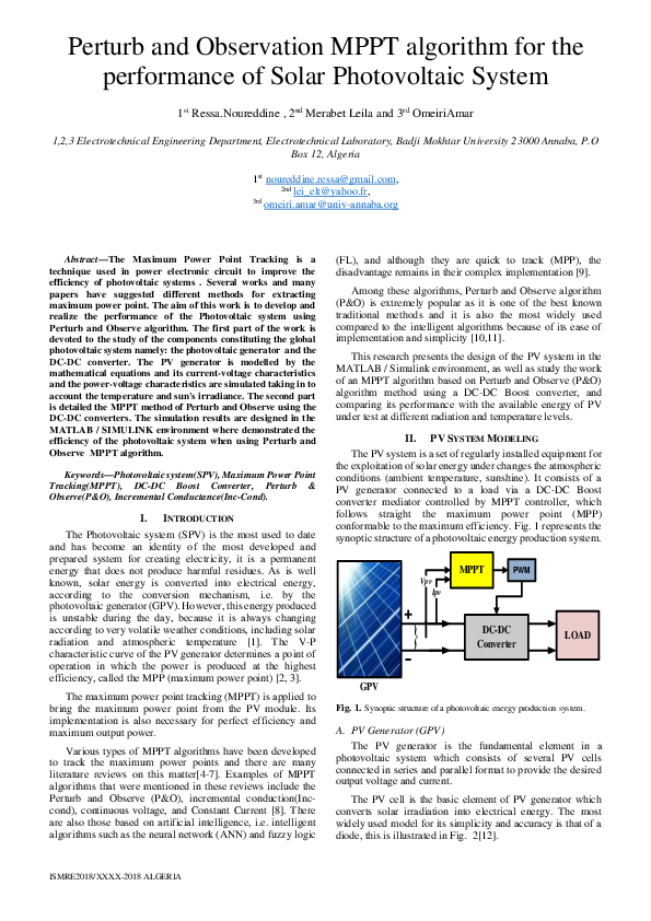 (PDF) Perturb and Observation MPPT algorithm for the performance of Solar Photovoltaic System ...