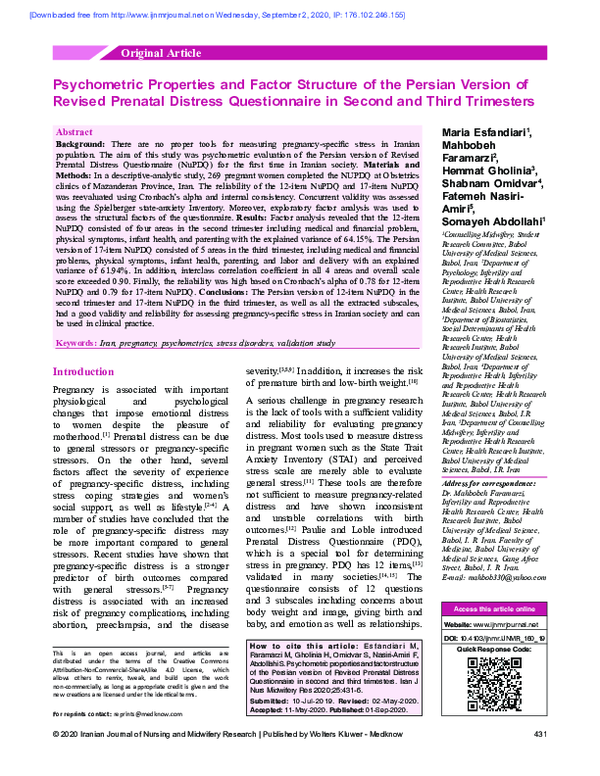 Pdf Psychometric Properties And Factor Structure Of The Persian Version Of Revised Prenatal