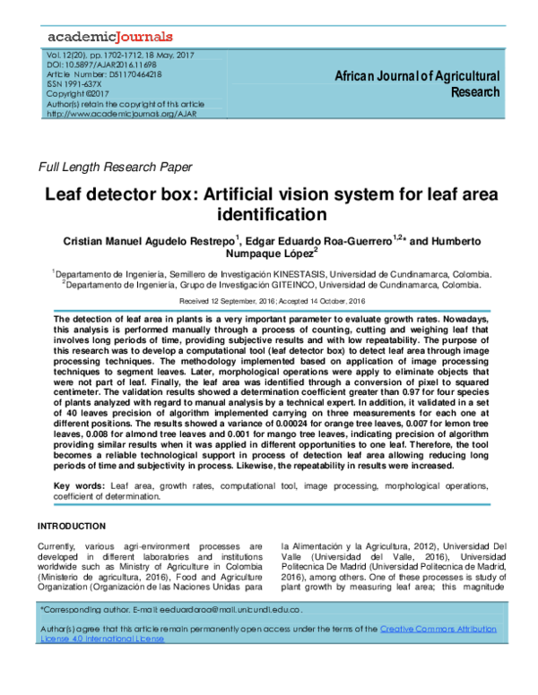 (PDF) Leaf detector box: Artificial vision system for leaf area identification