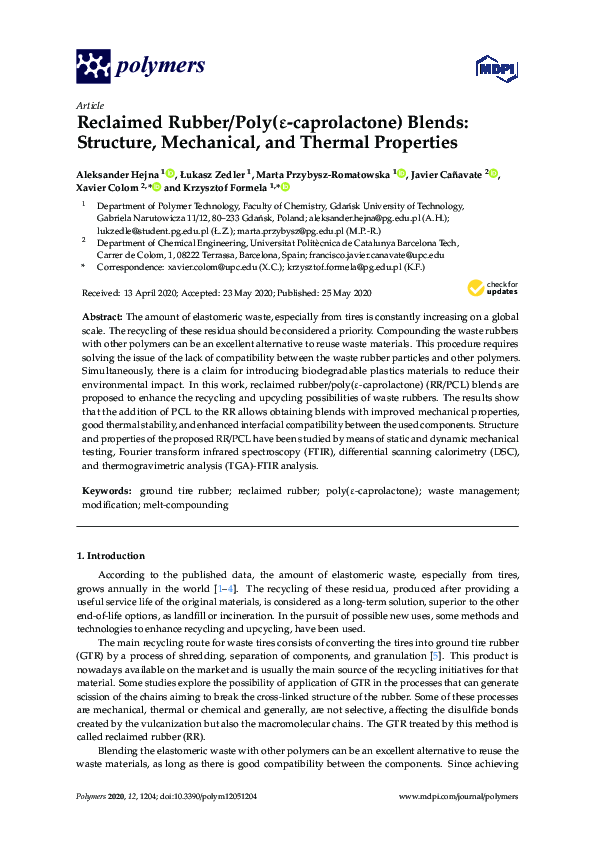 (PDF) Reclaimed Rubber/Poly(ε-caprolactone) Blends: Structure ...