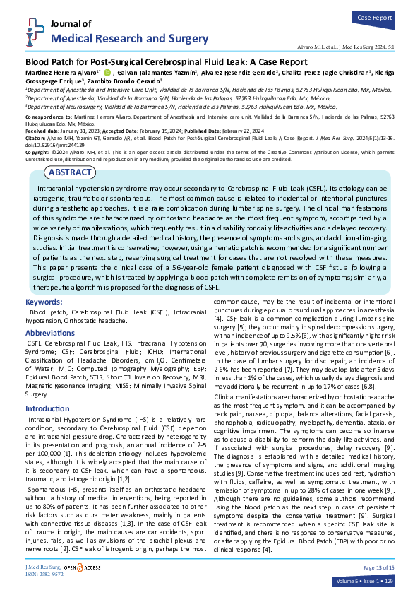 (PDF) Blood Patch for Post-Surgical Cerebrospinal Fluid Leak: A Case Report