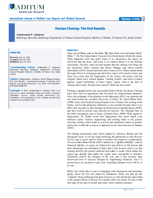 (PDF) Human Cloning: The End Results