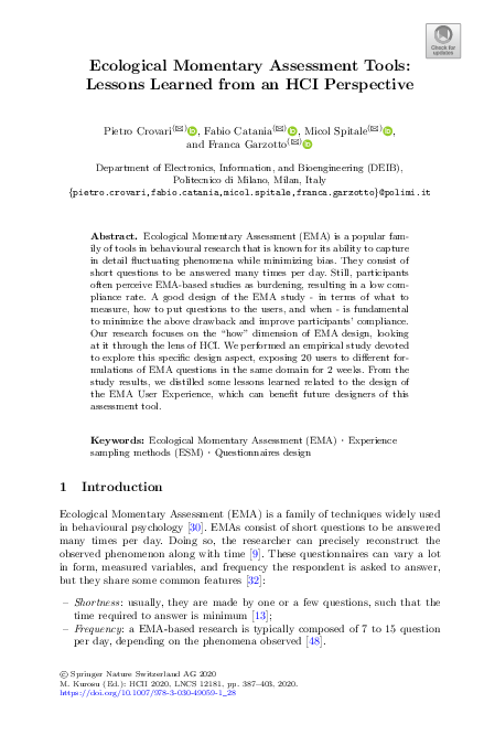 (PDF) Ecological Momentary Assessment Tools: Lessons Learned from an HCI Perspective