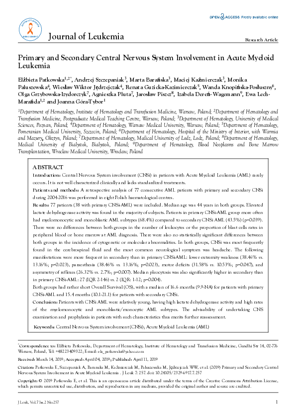 (PDF) Acute Myeloid Leukemia With Central Nervous System Involvement in Children: Experience ...