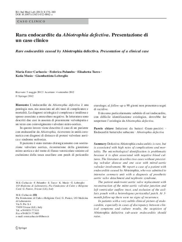 (PDF) Rara endocardite da Abiotrophia defectiva. Presentazione di un ...