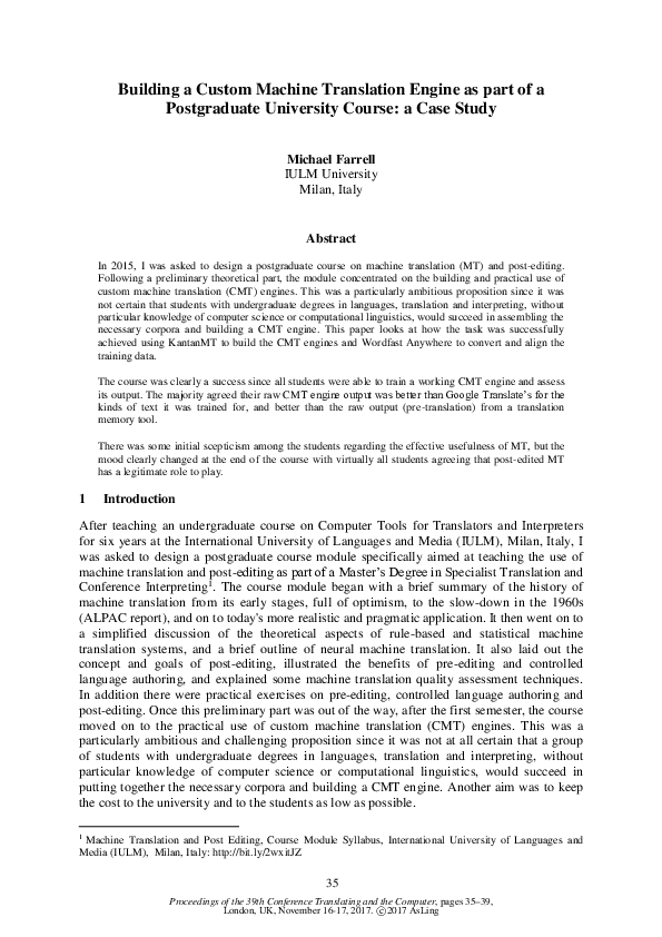 (PDF) Building a Custom Machine Translation Engine as part of a Postgraduate University Course
