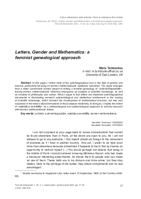 (PDF) Letters, Gender and Mathematics: a feminist genealogical approach