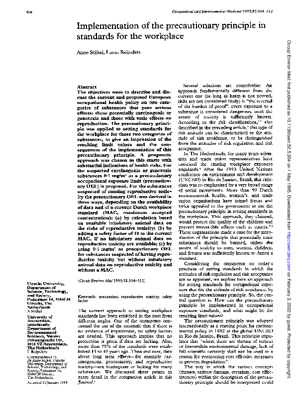 (PDF) Implementation of the precautionary principle in standards for the workplace