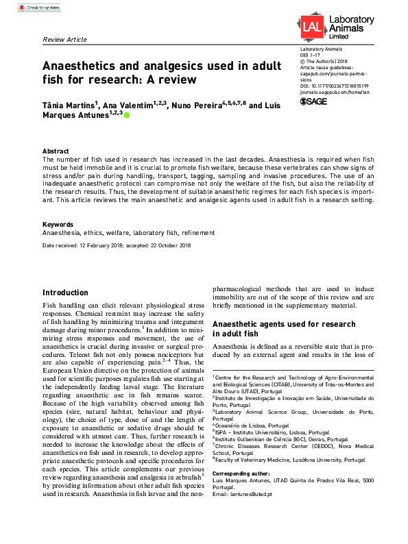 (PDF) Anaesthetics and analgesics used in adult fish for research: A review