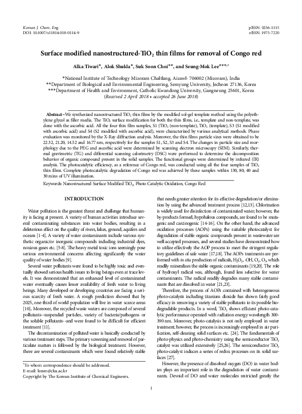 (PDF) Surface modified nanostructured-TiO2 thin films for removal of Congo red