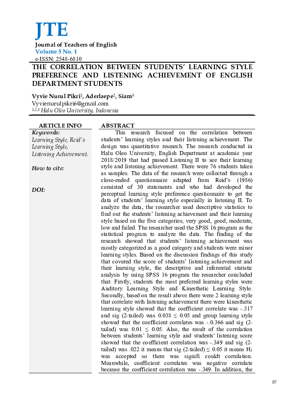 (PDF) The Correlation Between Students’ Learning Style Preference and Listening Achievement of ...